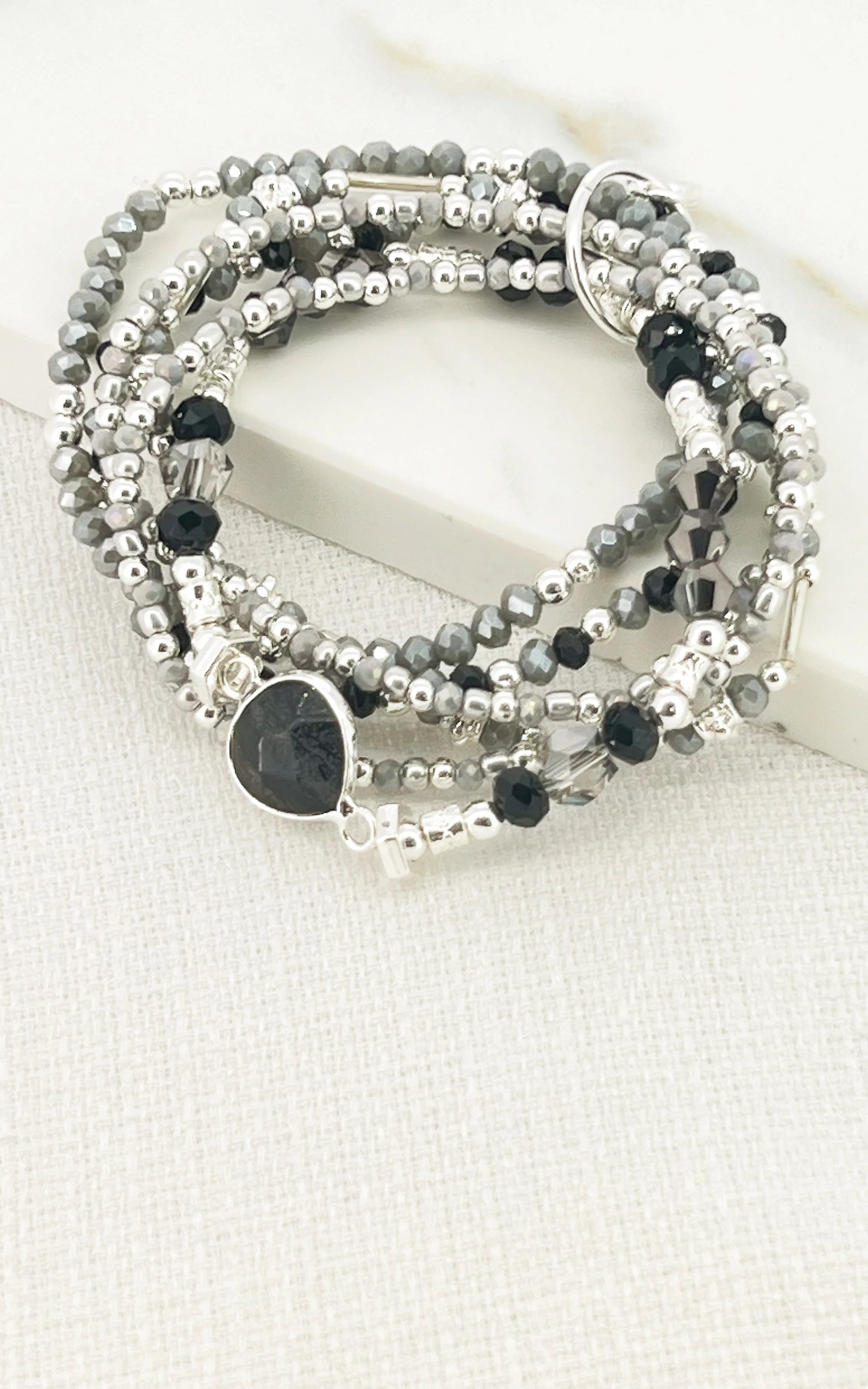 Envy Silver Six Layer Grey Stretch Bracelet